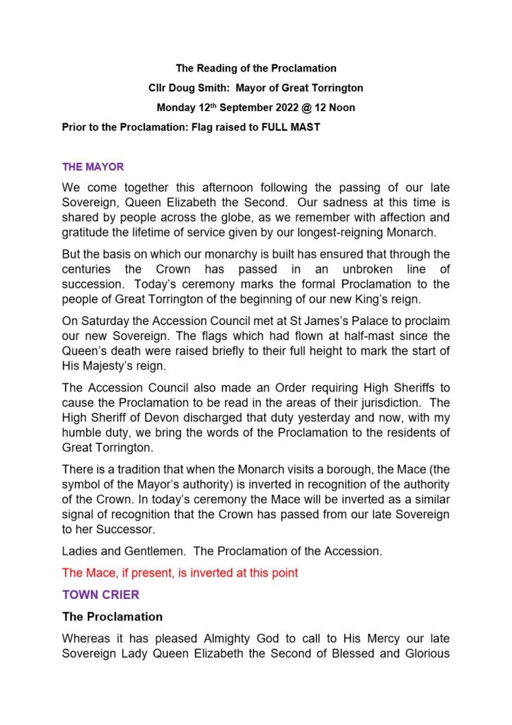 The Proclamation of King Charles III - Great Torrington Town Council
